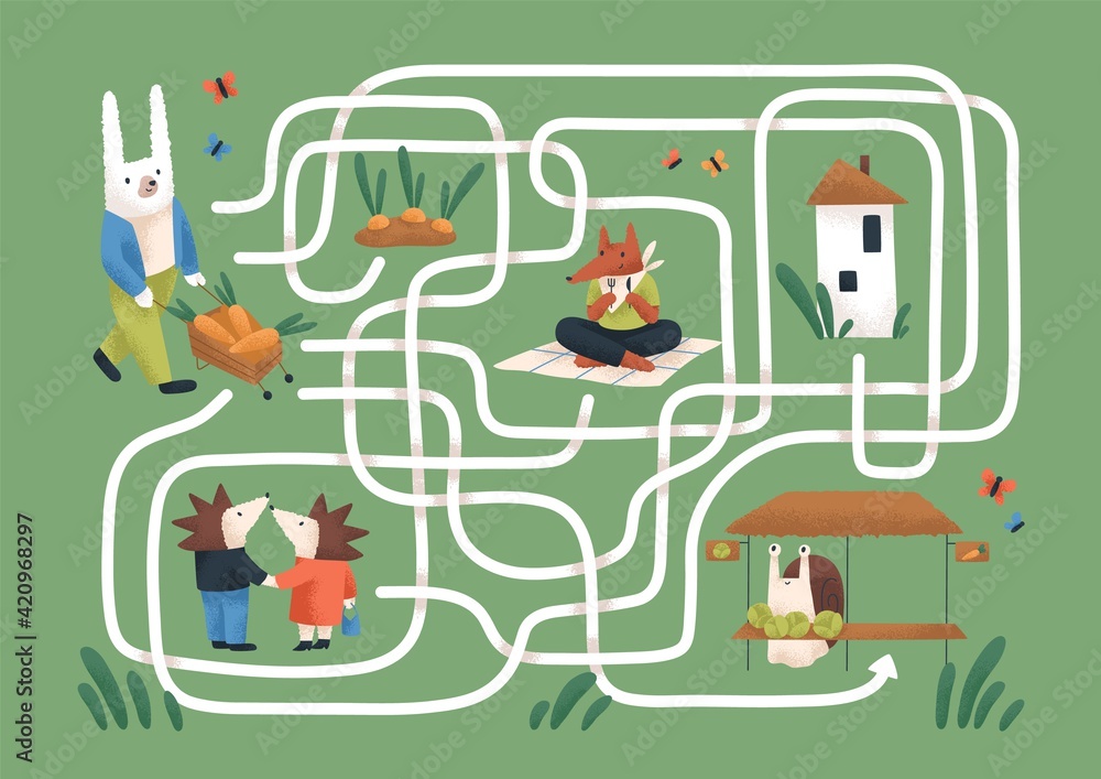 Kids maze game with cute animals in nature. Childish labyrinth puzzle ...