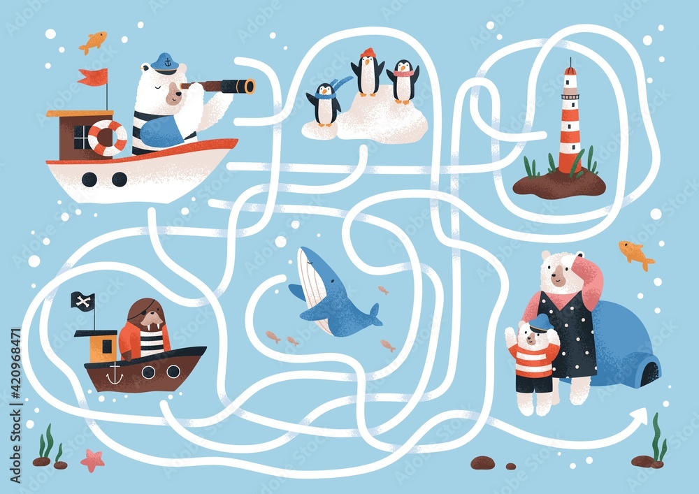 Kids labyrinth game with animal characters and boats. Childish maze ...
