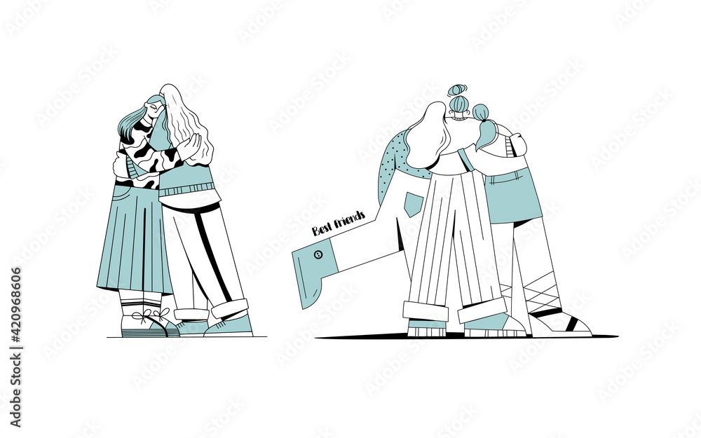 Cute characters are hugging. Friendship and support sign. Vector ...