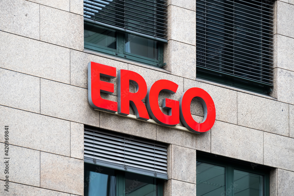 Ergo logo on a facade. ERGO is a group of insurance companies owned by ...