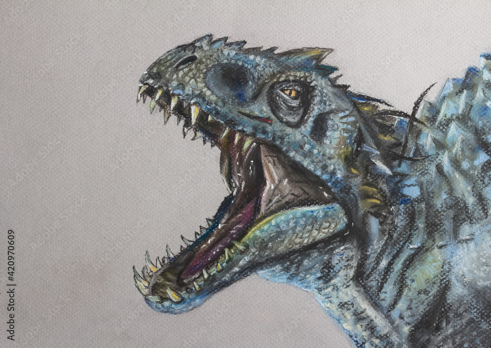 Dynosaur drawing - Face of Indominus Rex hand drawn in pastels - Scary ...
