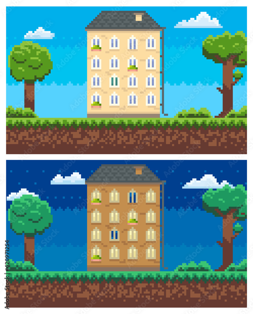 House surrounded by green spaces and plants. Building with many windows ...