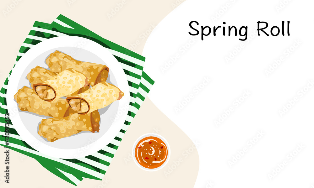 Spring roll, isolated fried spring roll on the dish with text and white ...
