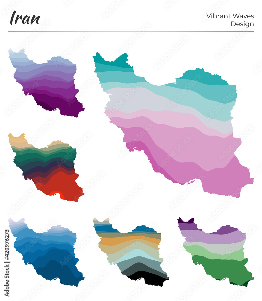 Set of vector maps of Iran. Vibrant waves design. Bright map of country ...