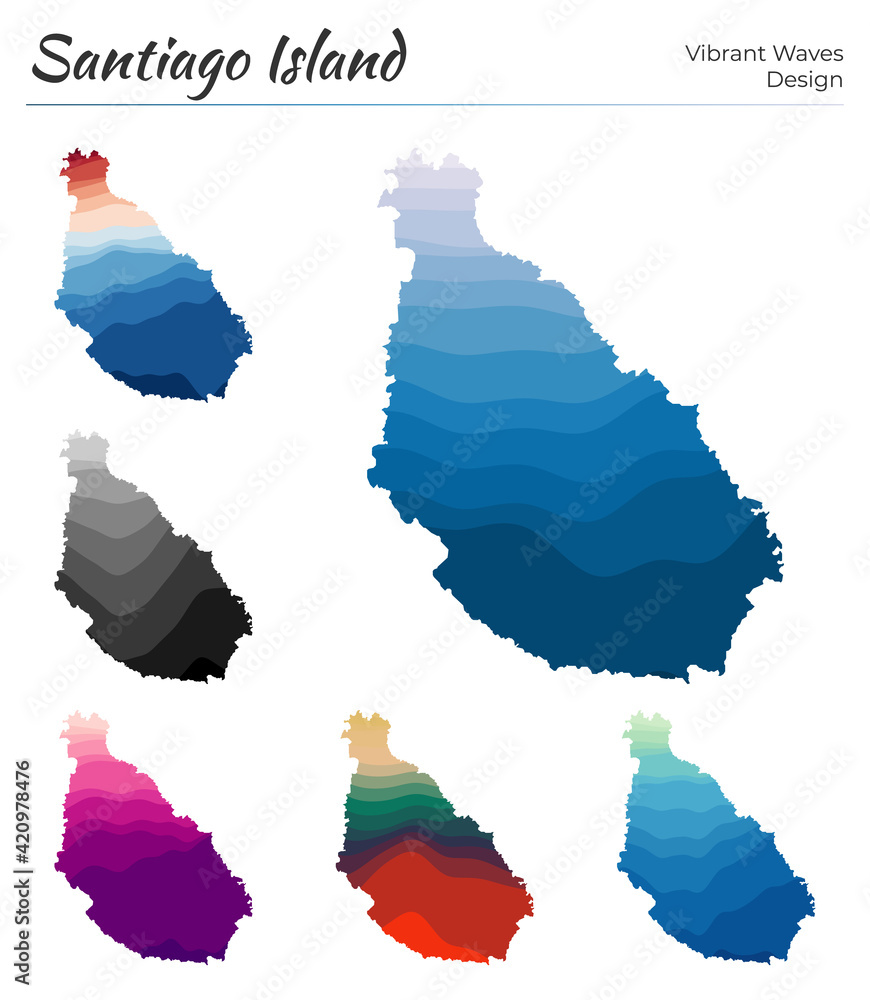 Set of vector maps of Santiago Island. Vibrant waves design. Bright map ...