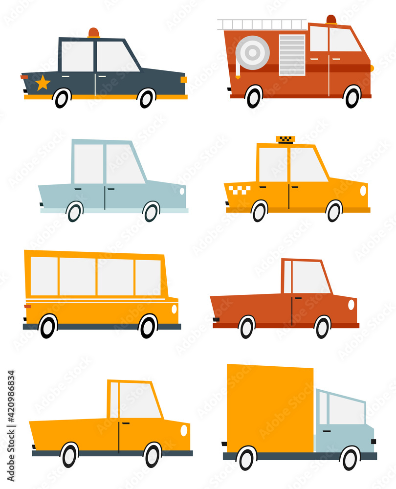 Set of cute toy style cars for kids. Hand drawn cartoon style vector ...