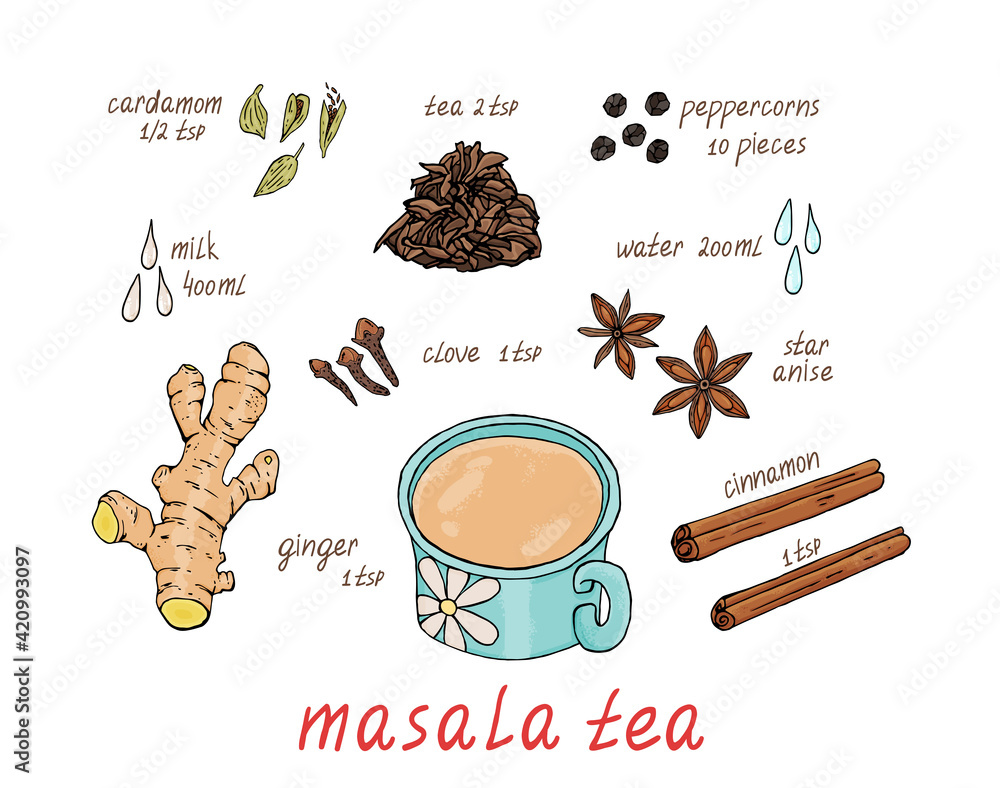 Vector graphics of Indian masala tea recipe isolated on white ...