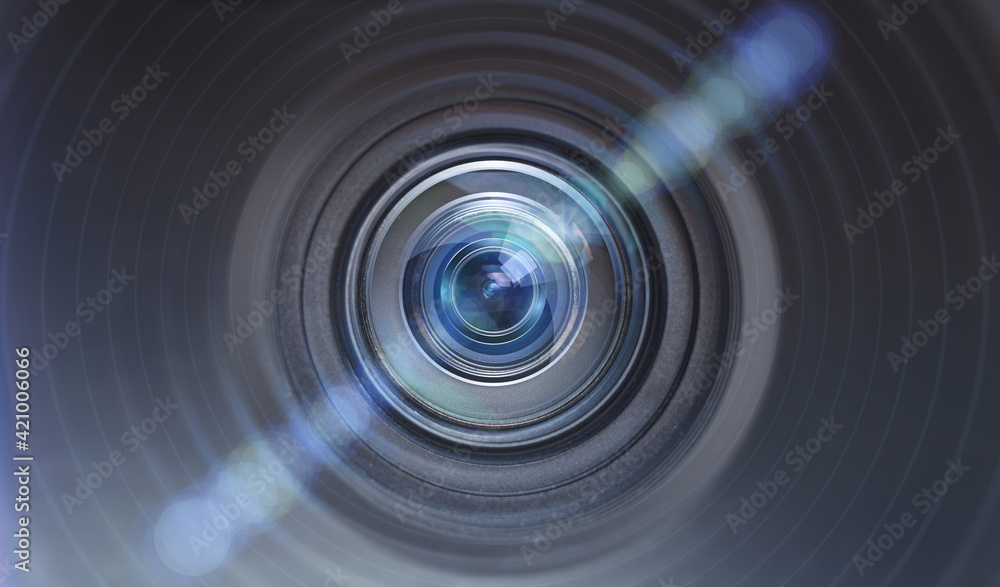 Camera lens close up and blue background Stock Photo | Adobe Stock