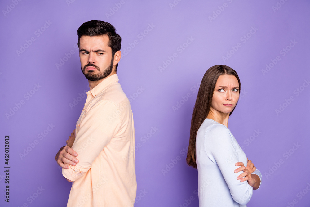 Photo of angry sad man and woman couple look each other stand back to ...