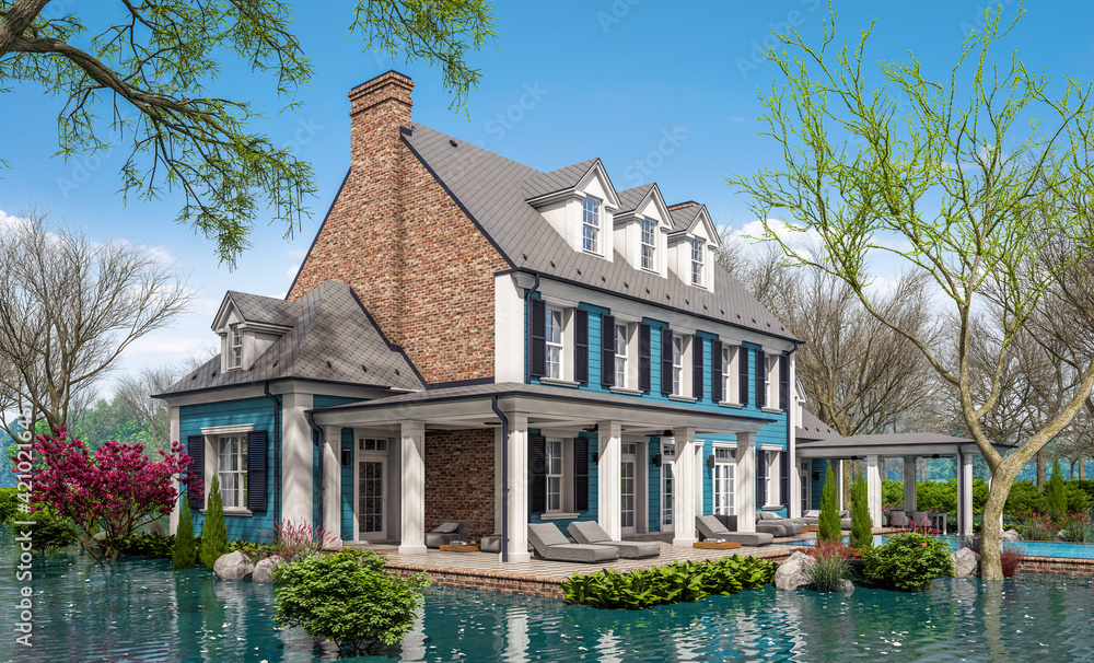 3d rendering of classic house in colonial style in spring water ...