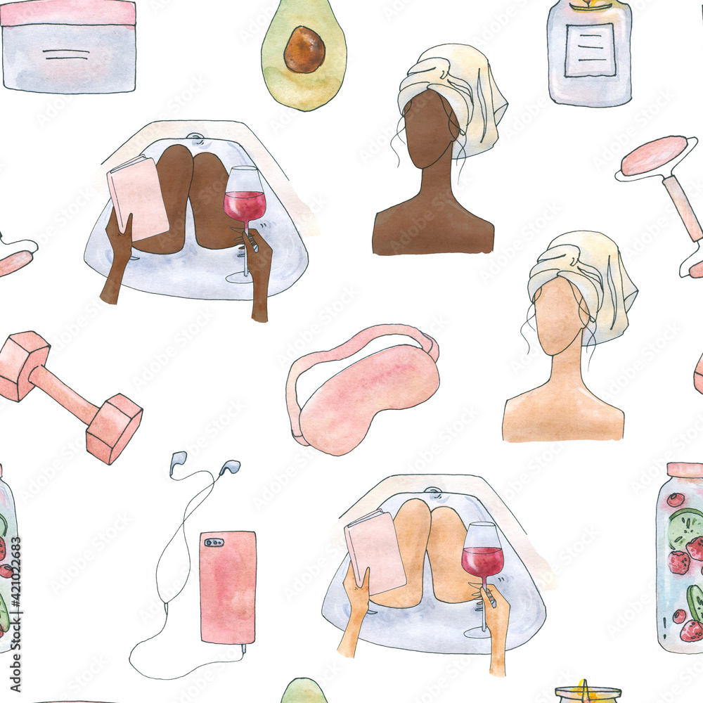 watercolor self care clipart digital paper fashion black women seamless ...