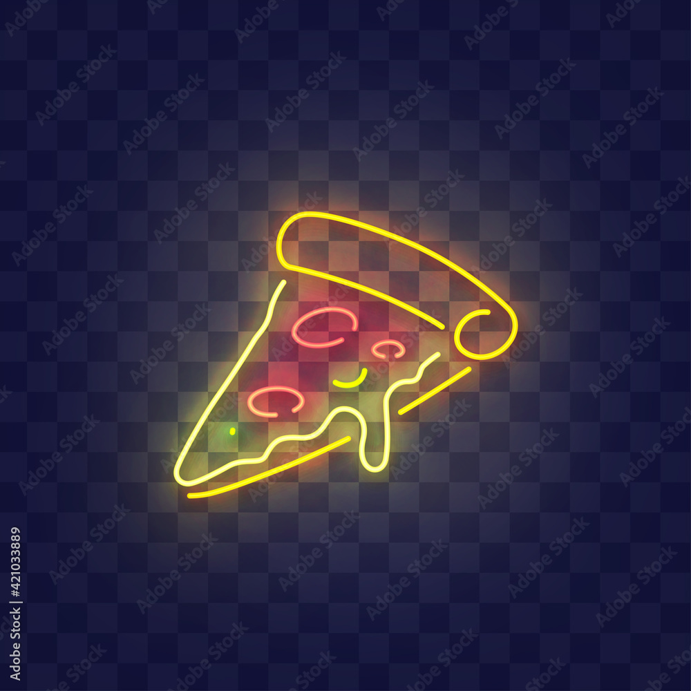 Pizza neon sign, bright signboard, light banner. Slice of pizza neon ...