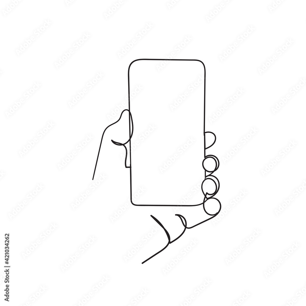 contour line drawing hand holding mobile phone illustration in doodle ...