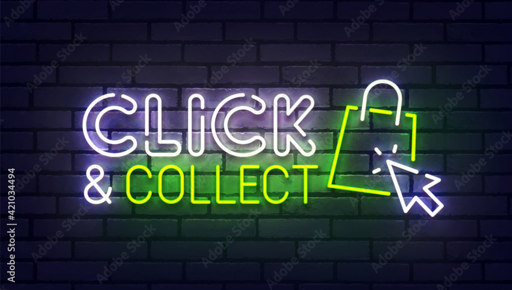 Click and collect neon sign, bright signboard, light banner. Click and ...