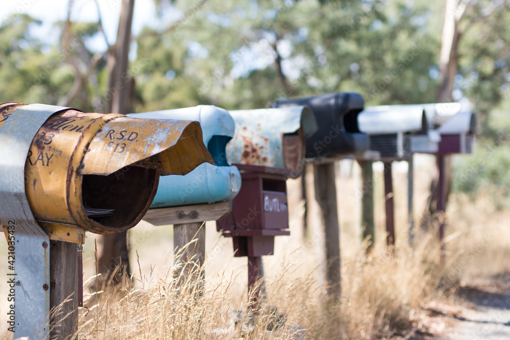 row old letterbox mail grass bush rustic rural farm grass outback ...