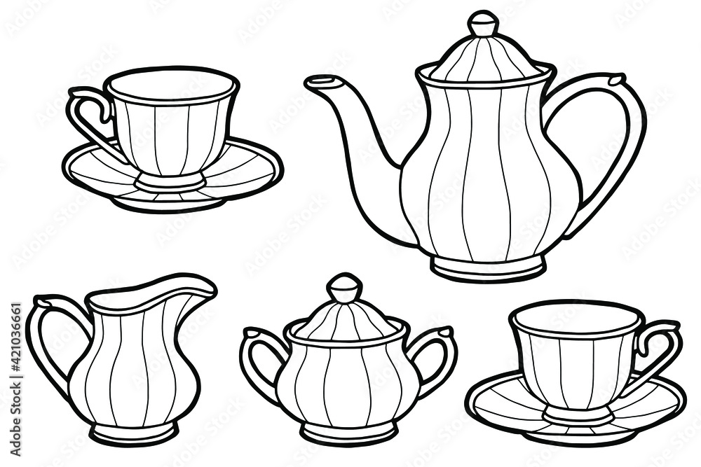 Hand drawing tea set. Teapot, milk jug, sugar bowl and cups and saucers ...