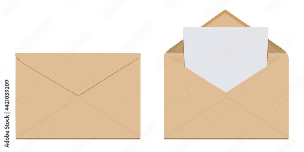 Closed and open light brown envelopes on a white background. Blank ...