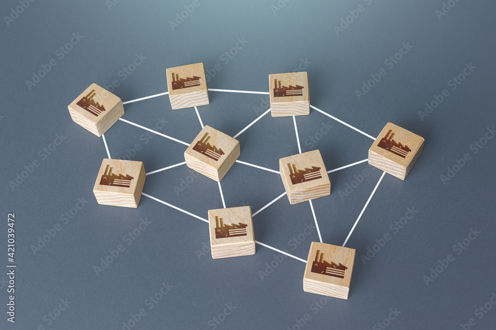 Industrial plants and factories network. Economic and logistic ties ...