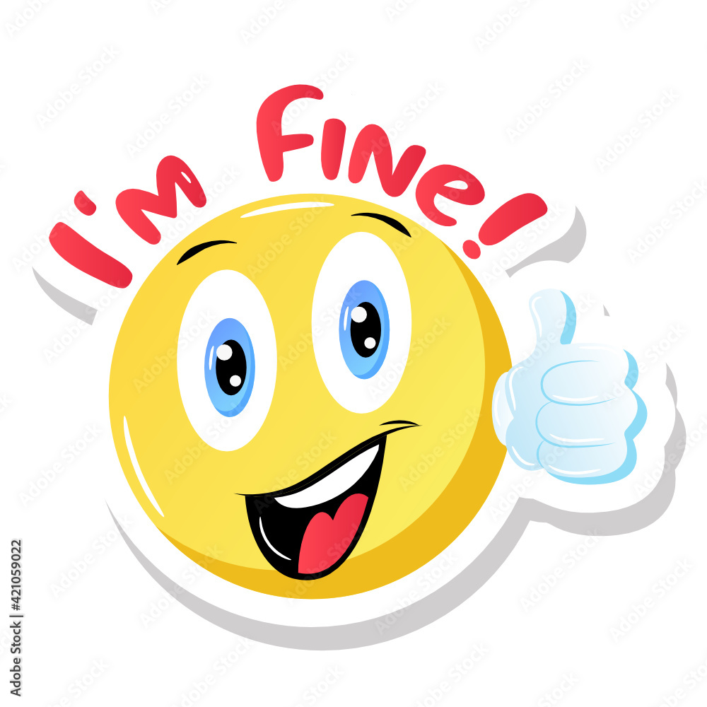 Happy emoji with i am fine concept, flat sticker Stock Vector | Adobe Stock