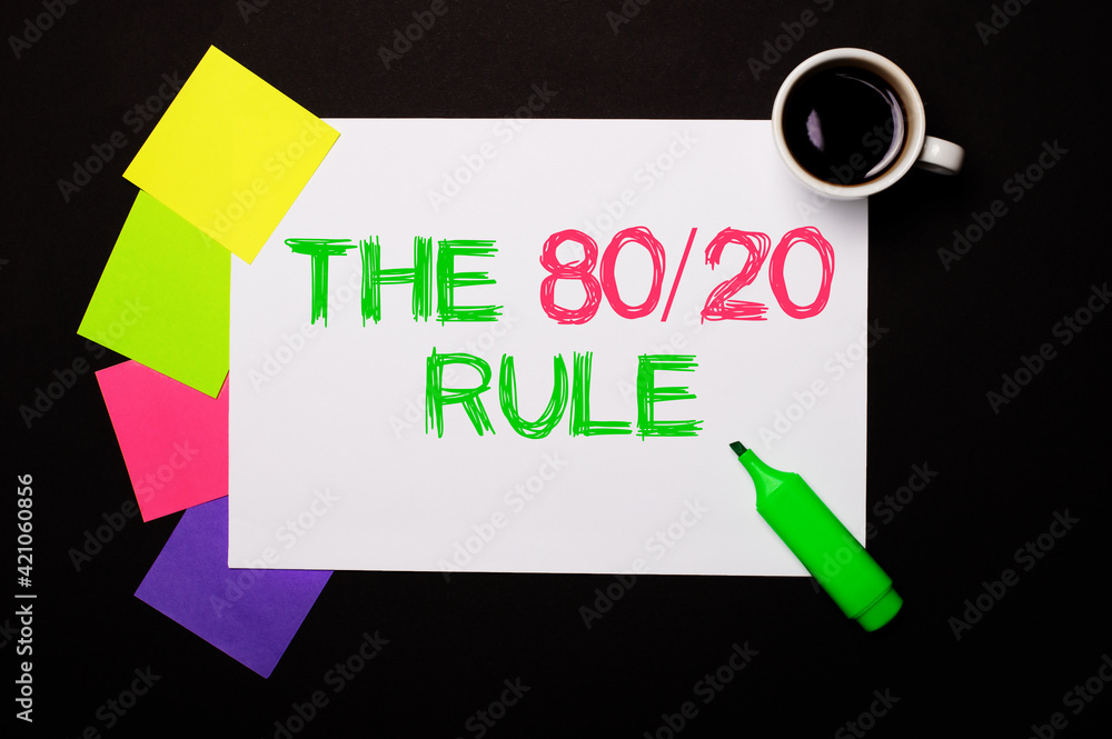 A sheet of paper with the words THE 80 20 RULE, a cup of coffee, bright ...