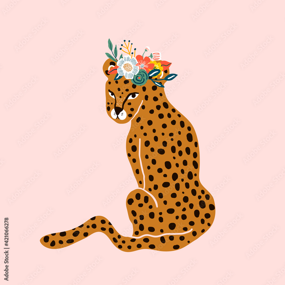 Hand drawn pink leopard in with floral wreath on head. Trendy Jungle ...