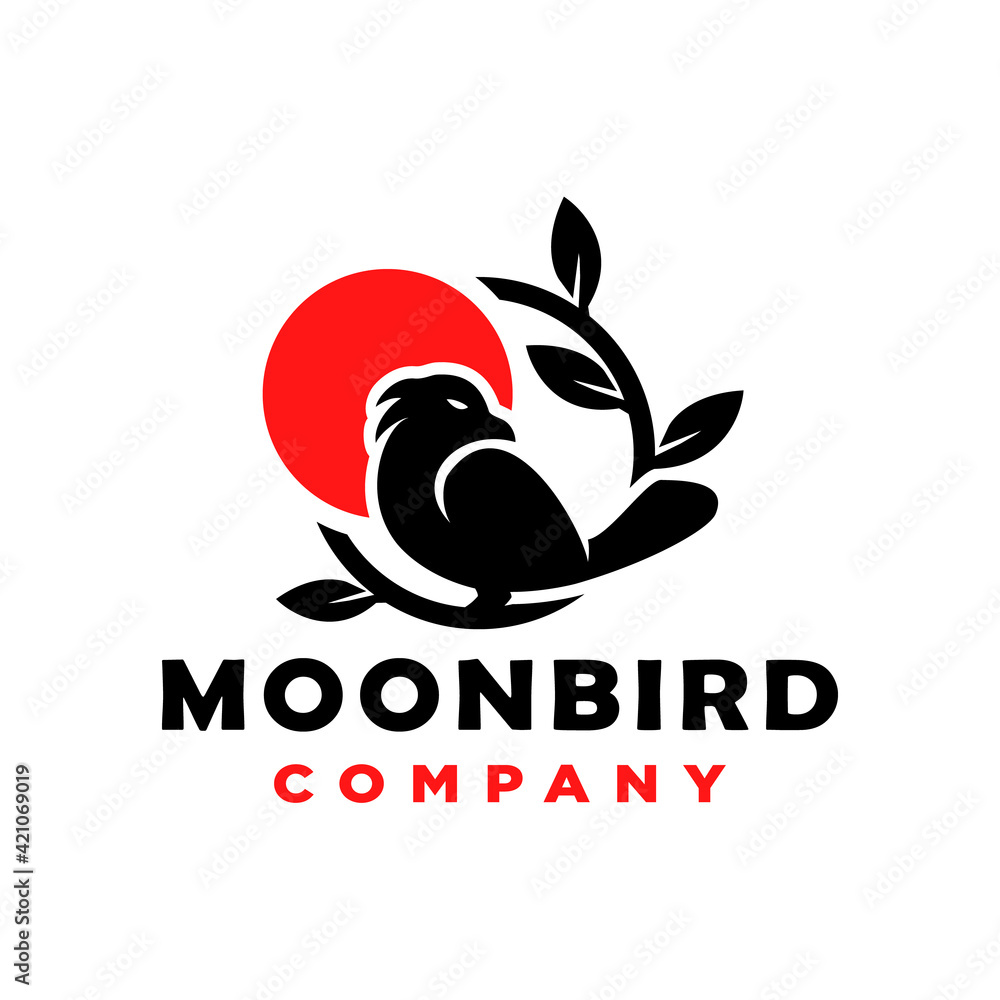 A silhouette bird, plant, and red moon logo combination. Modern ...