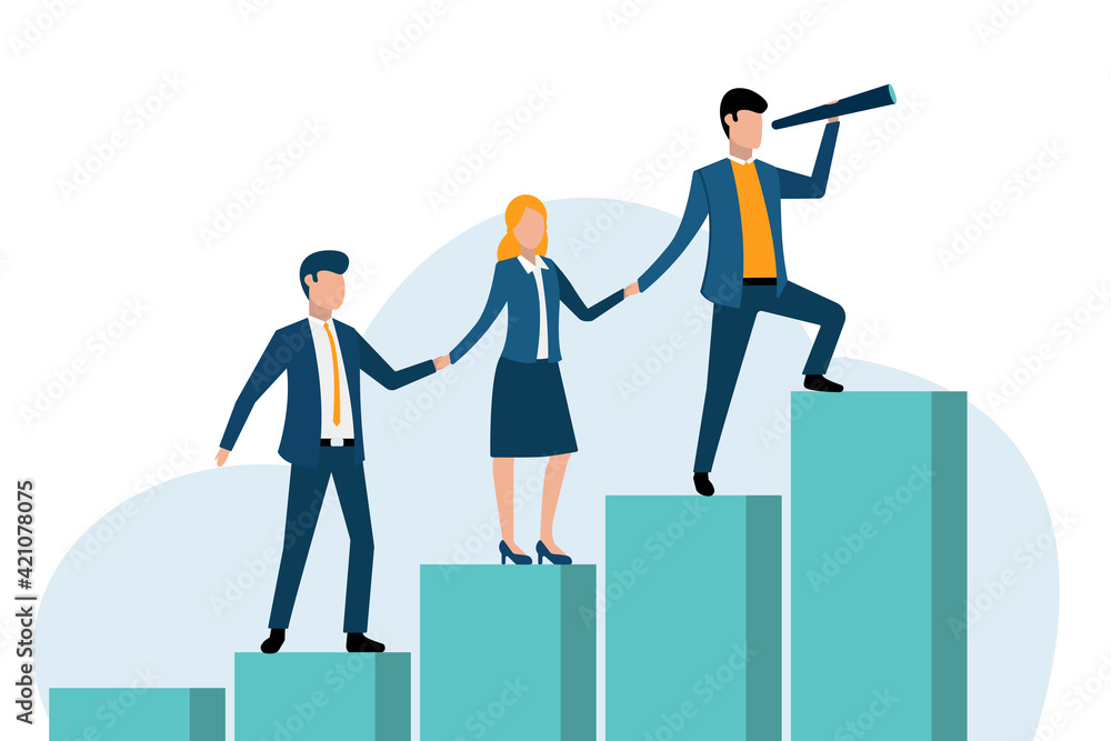 Career Ladder with business person. Cartoon characters climb the stairs ...