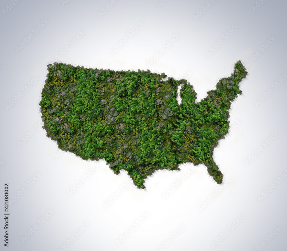 Realistic Green 3D Map of United States Of America. Forest tree shape ...