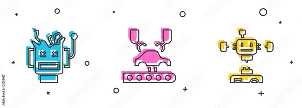 Set Broken robot, Robotic arm on factory and Disassembled icon. Vector ...