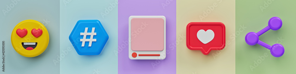 emoji, hashtag sign, social media post, like heart, share icon ...