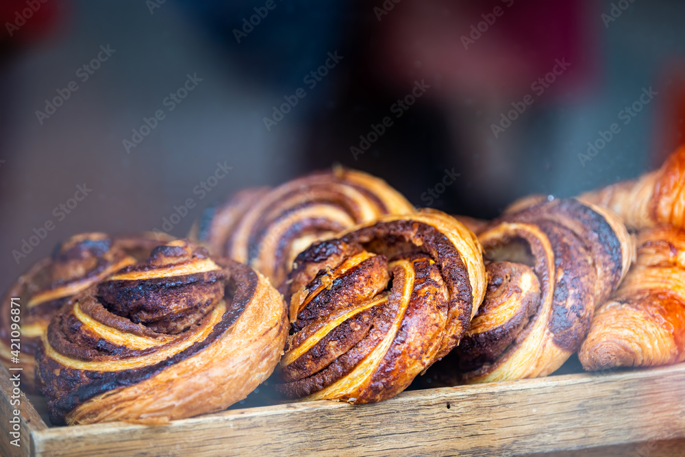 Laugavegur street in downtown with bakery cafe store shop window ...