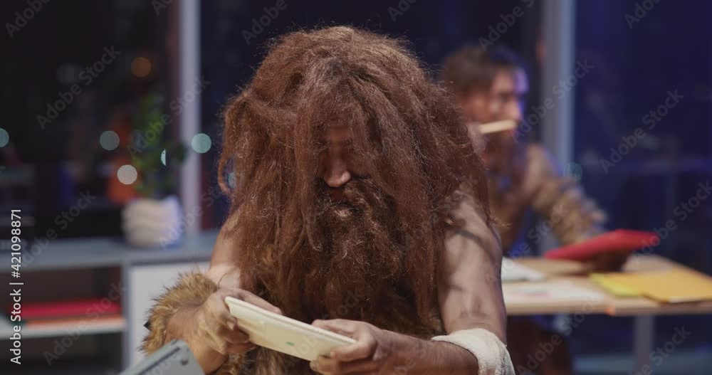 Funny and furry beared homo sapiens prehistoric human interacting new ...