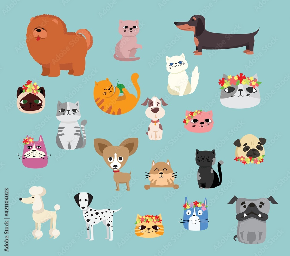Vector illustration set of cute and funny cartoon pet characters ...