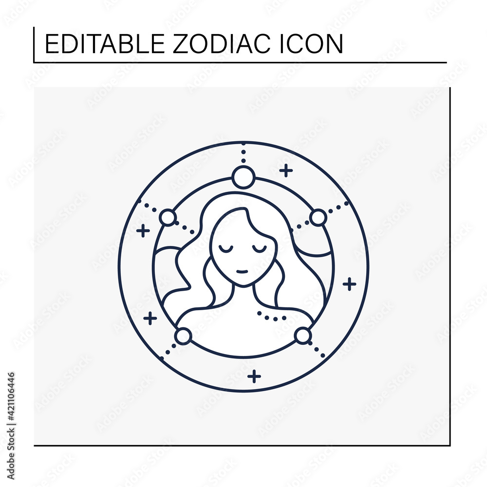 Virgo line icon. Sixth fire sign in zodiac. Female woman birth symbol ...