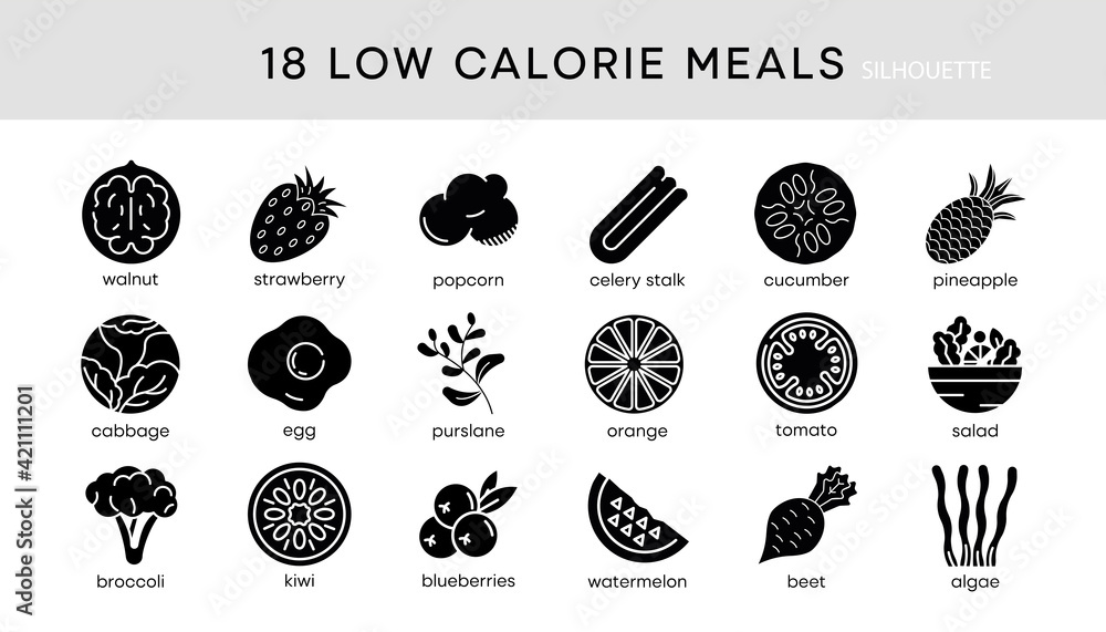 18 low calorie icon set. Low calorie diet snack foods vector line icons ...