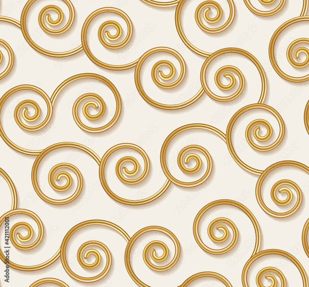 Curly seamless pattern, 3d gold wavy lines. Vector illustration. Yellow ...
