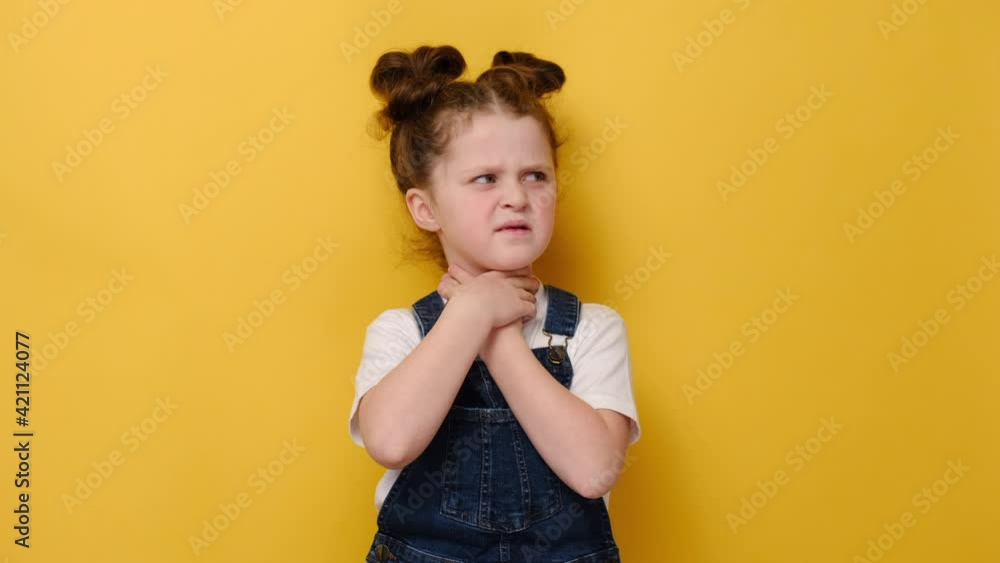 Unhealthy little girl kid touch neck feels discomfort painful feelings ...