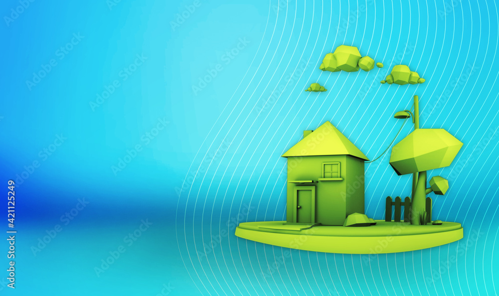 Colorful minimal house backdrop template. A 3D render with copy space ...