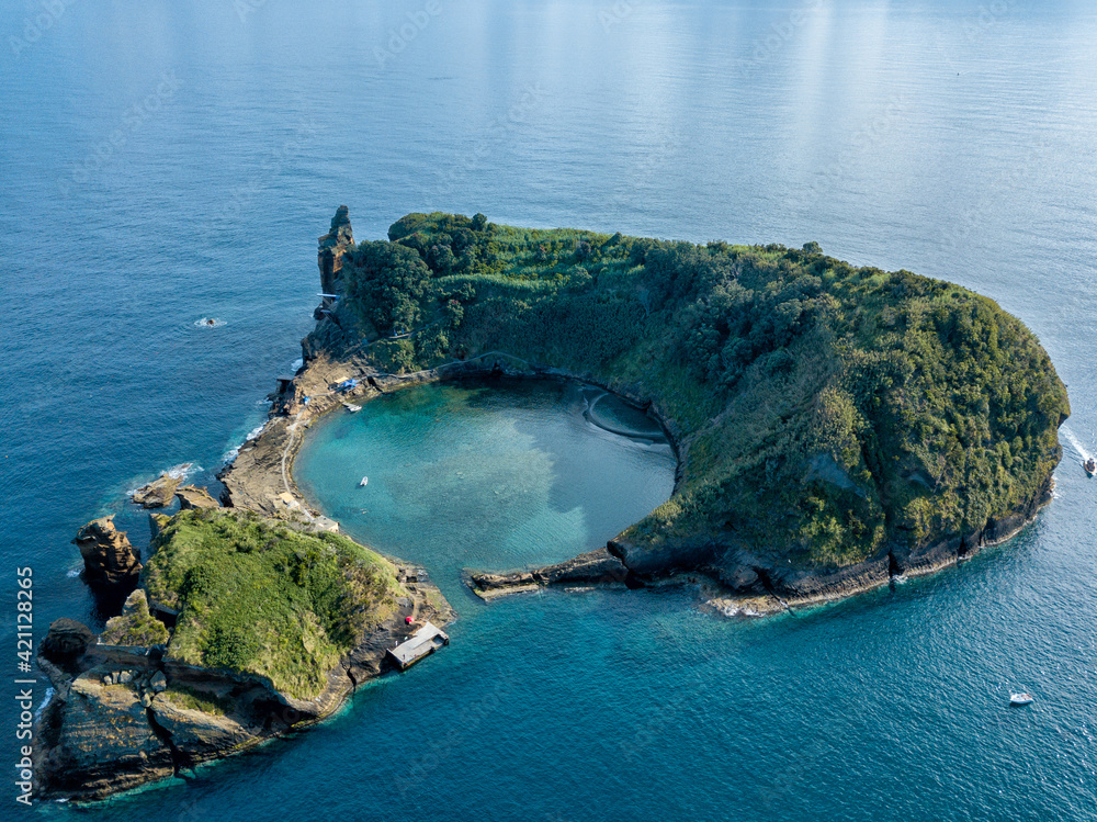 Azores aerial panoramic view. Top view of Islet of Vila Franca do Campo ...