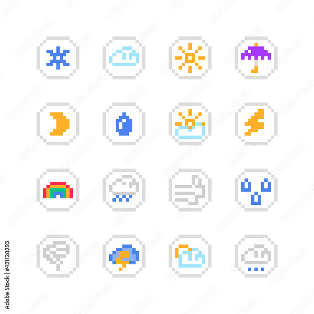 Big set of 16 pixel art weather icons isolated on white background ...