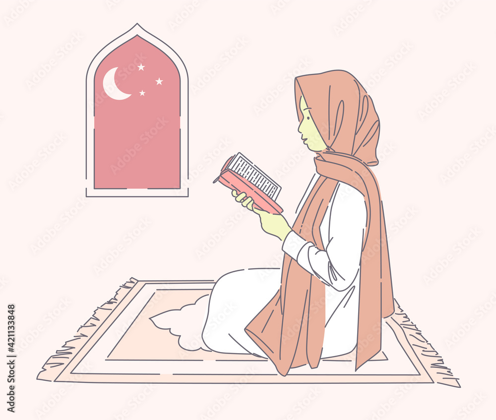 Beautiful Muslim Woman Reading Holy Quran On Praying Mat Vector Hand