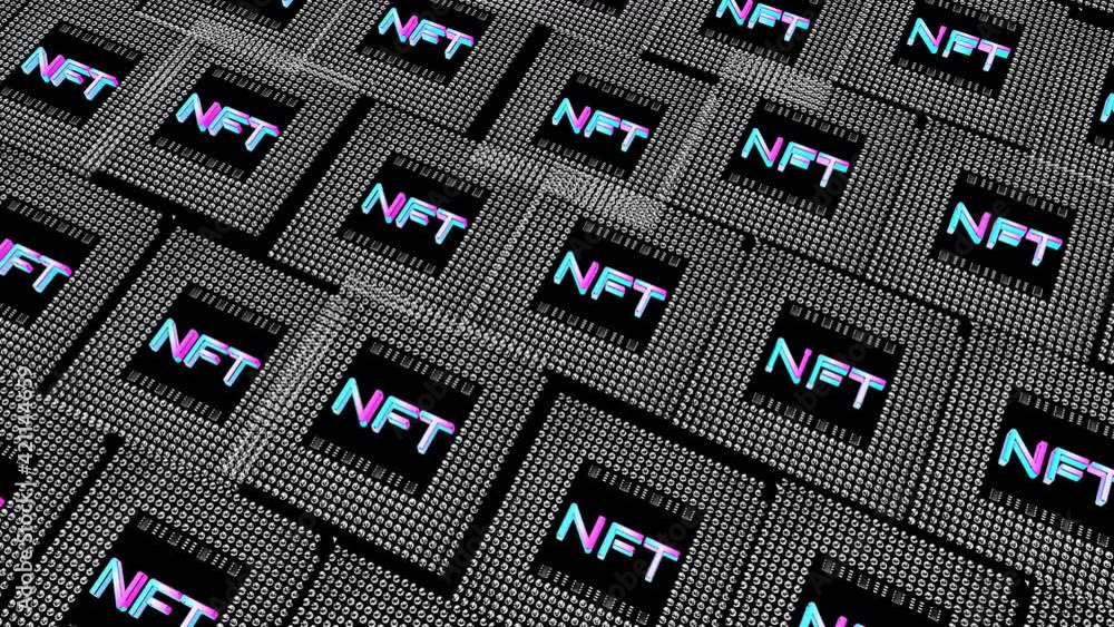 square tile labeled nft slowly rises and falls against a black ...
