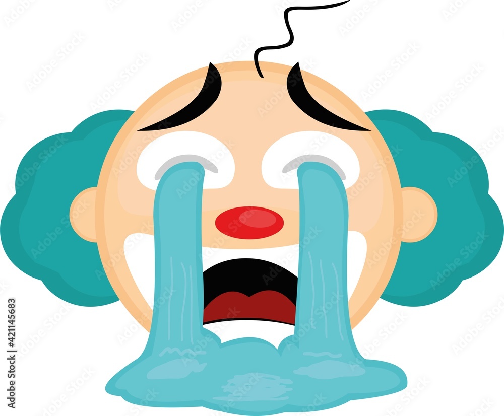 Vector illustration of an emoticon head of a cartoon clown with a sad ...