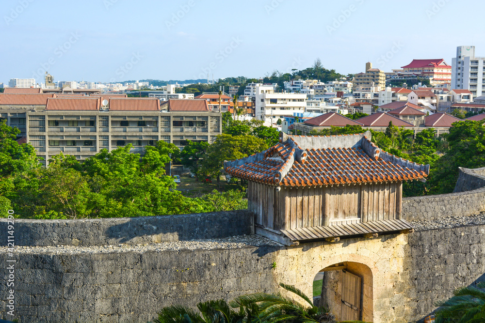 Large entrance gate along the Shuri Castle Wall walkway in Okinawa of ...