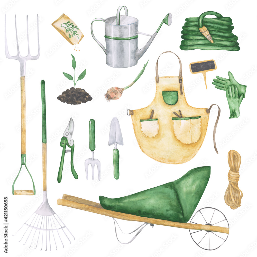 Garden tools. Set of watercolor gardening tools isolated. Hand-drawn ...