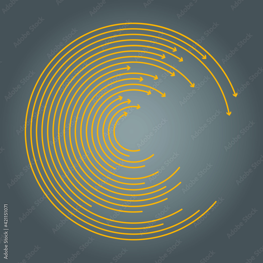 Abstract yellow lines with arrow head in circle form. Gray background ...
