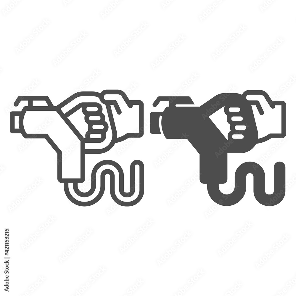 Refueling EV charging gun in hand line and solid icon, electric car ...