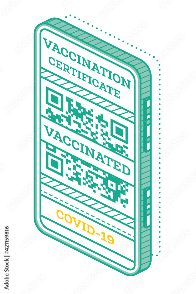 Vaccination Certificate on Screen of Smartphone with QR code. Isometric ...