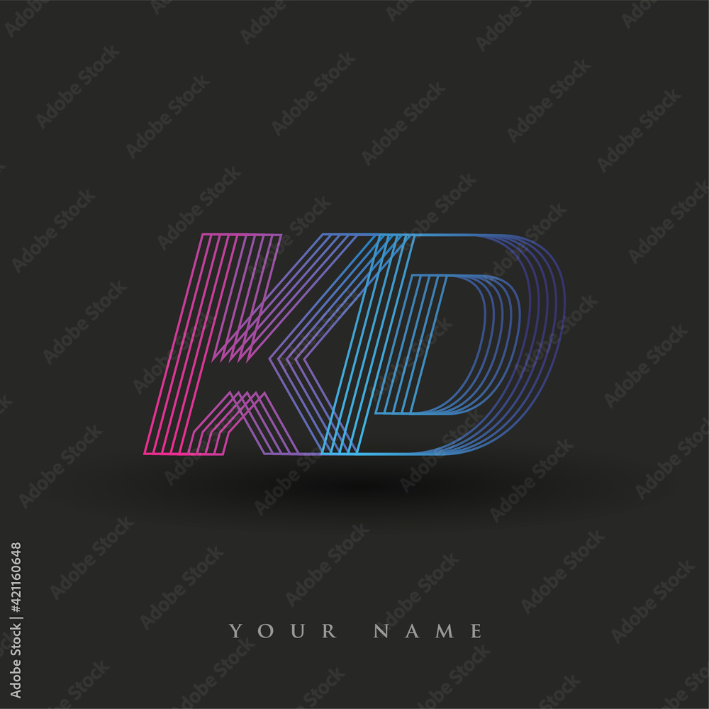 initial letter logo KD colored blue and magenta with striped ...
