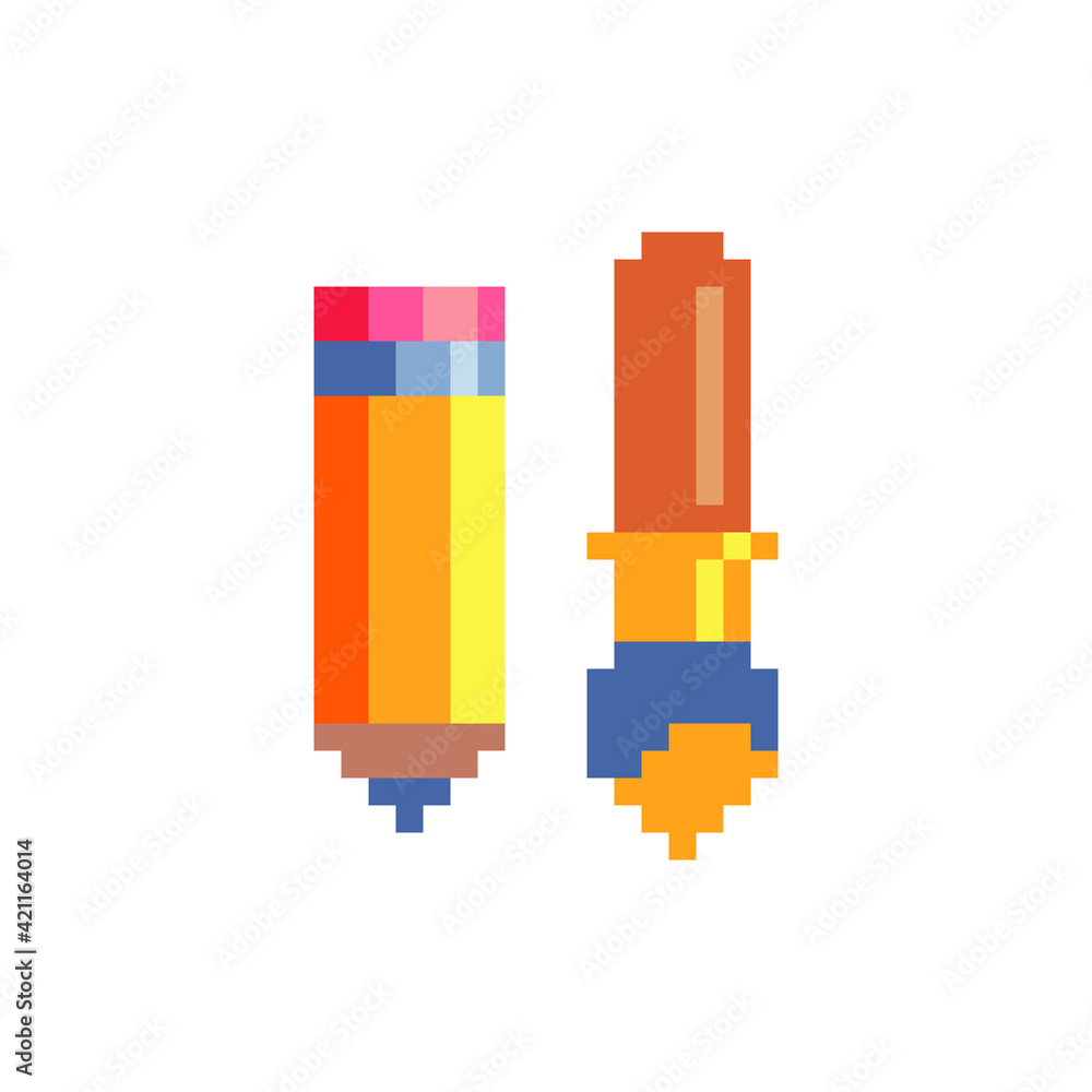 Pixel pencil and brush icons. 8-bit sprites. Isolated vector ...